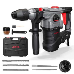 zkh 1-1/4" sds-plus rotary hammer drill for concrete, 12.5 amp corded heavy duty rotary hammer with safety clutch, 4 functions vibration control, includes chisels, drill bits, grease and carrying case