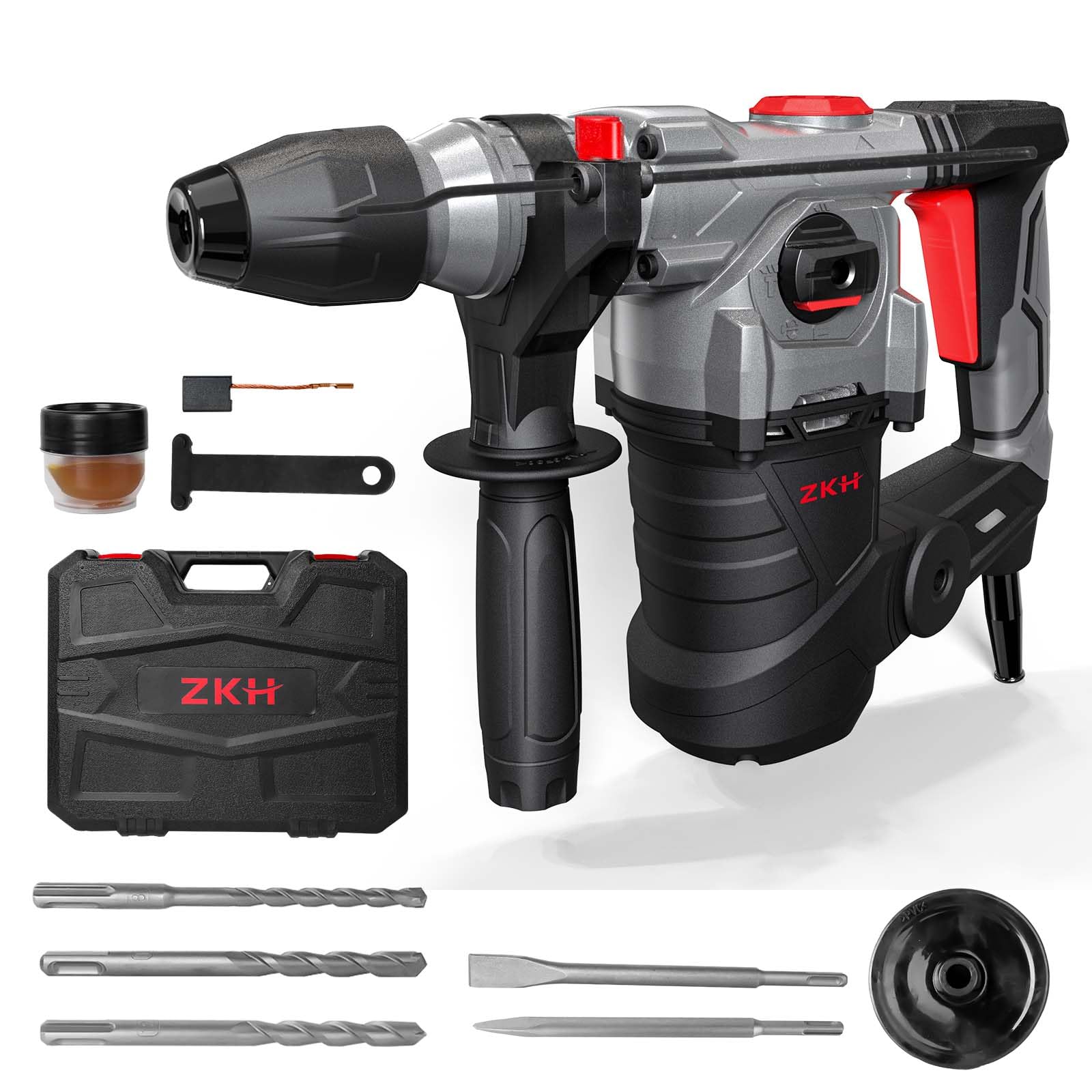 ZKH 1-1/4" SDS-Plus Rotary Hammer Drill for Concrete, 12.5 Amp Corded Heavy Duty Rotary Hammer with Safety Clutch, 4 Functions Vibration Control, Includes Chisels, Drill Bits, Grease and Carrying Case