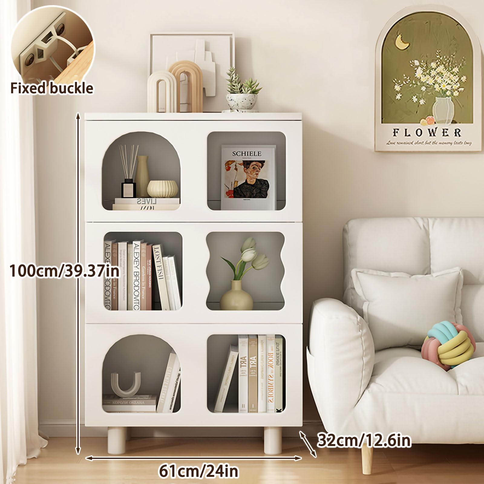 Huazzzyi Storage Cabinet with Open Shelf, 3 Tier Modern Open Storage Organizer, Cute Cream Display Bookcase, Wooden Floor Cabinet for Living Room Living Room, Office, Entryway, Reading Nook