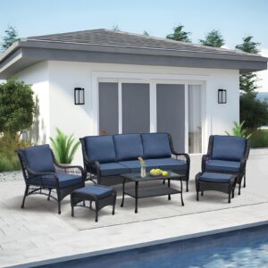 Set of 2 Wicker Ottomans, Outdoor Wicker Footstool with Soft Zippered Cushions, 3-in-1 Function Footrest Seat & Side Table for Patio, Backyard, Balcony, Poolside (Navy Blue)