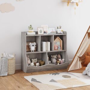 IDEALHOUSE Toy Storage Organizer, Bookshelf for Kids, 5 Cubby Bookcase Footboard, Wood Toys Storage Cabinet, Toddler Book Toy Shelf for Playroom, Bedroom, Nursery, Hallway, School, Grey