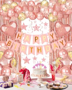 lutoys rose gold happy birthday party decorations, happy birthday banner, rose gold foil heart star confetti balloons curtain backdrop hanging swirls butterfly party decor for girls women princess