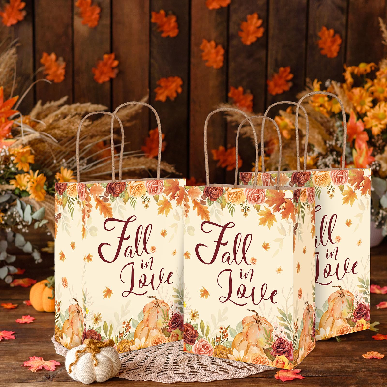 JarThenaAMCS 24Pcs Fall in Love Gift Bags with Handles Autumn Wedding Treat Bags Retro Pumpkin Maple Leaf Kraft Candy Bags for Thanksgiving Bridal Shower Party Favors