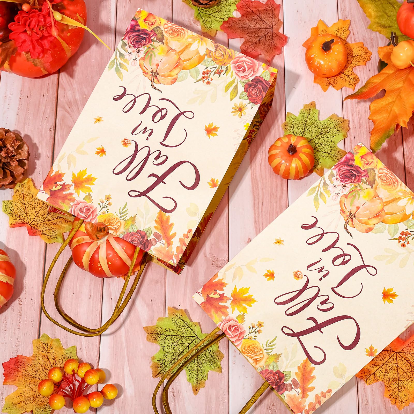 JarThenaAMCS 24Pcs Fall in Love Gift Bags with Handles Autumn Wedding Treat Bags Retro Pumpkin Maple Leaf Kraft Candy Bags for Thanksgiving Bridal Shower Party Favors