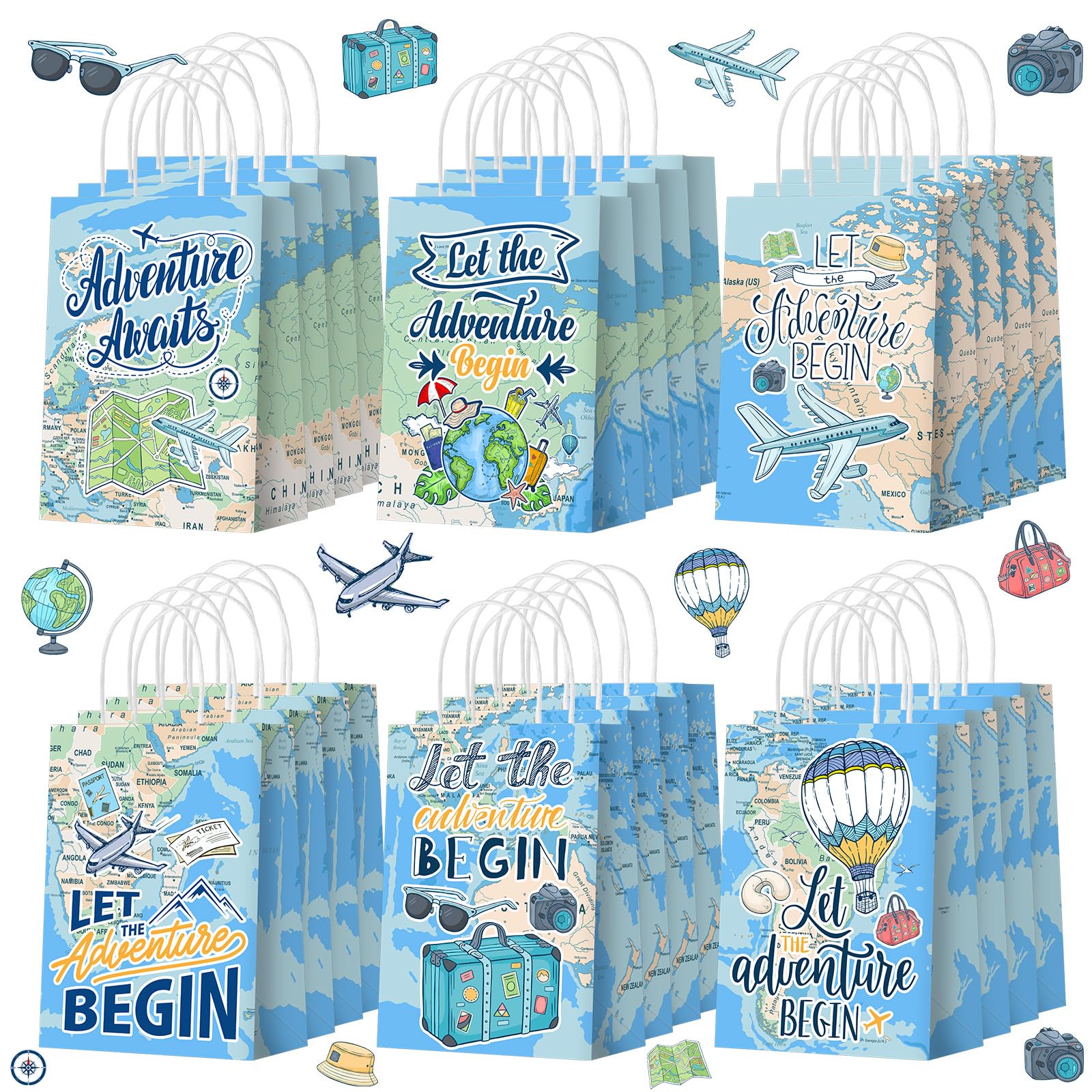 Yeaqee 24 Pcs Adventure Themed Party Favor Bags Adventure Gift Bags Blue World Map Paper Bags with Handle Travel the World Candy Treat Bags Gift Wrapping Bags for Weeding Birthday Party Favor