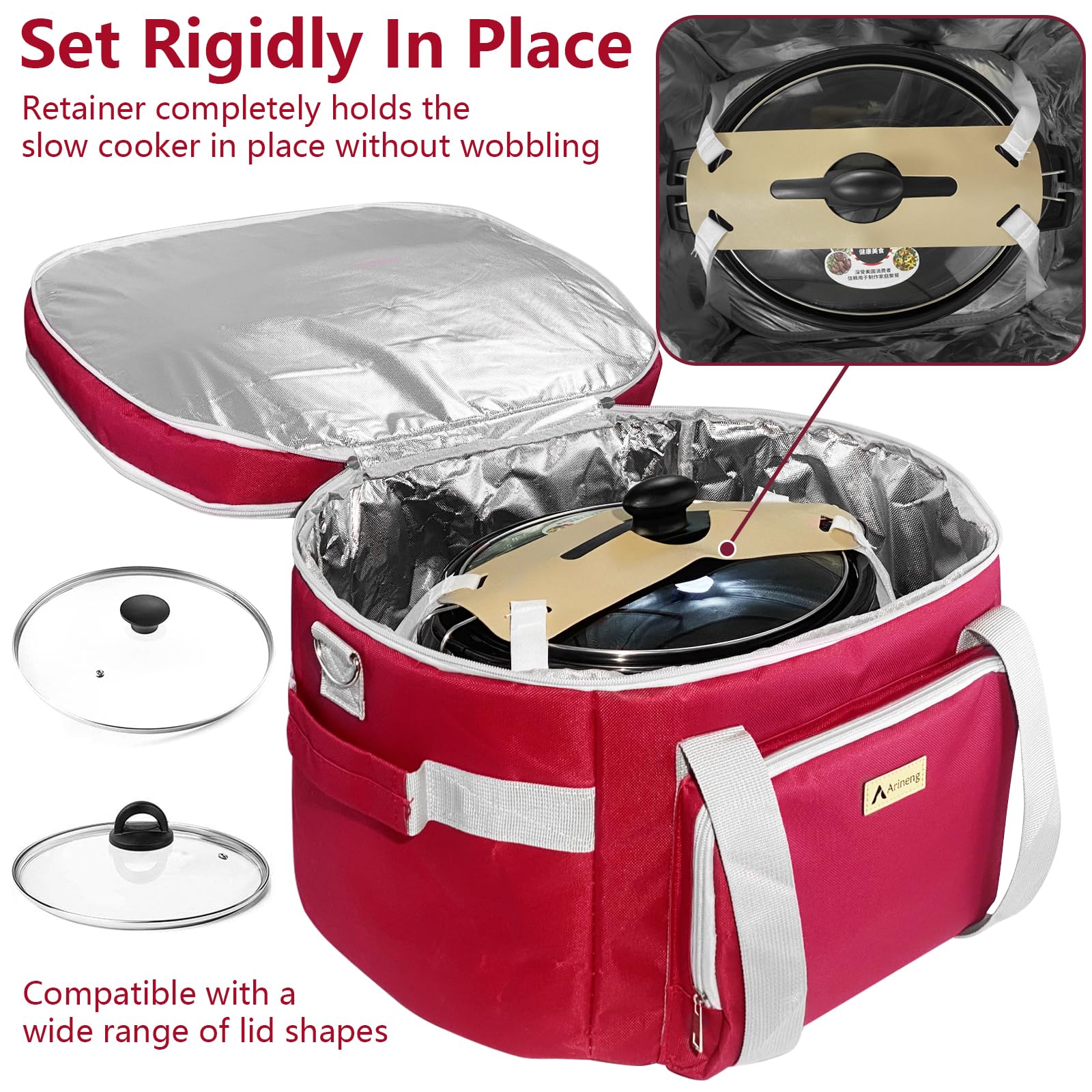 Arineng Double Layer Slow Cooker Bags for 5-8 Quart Crock Pots - Insulated Travel Carrier with Fixators, Base Pad, and Shoulder Strap - Suitable for Small and Large Slow Cookers (rose red)