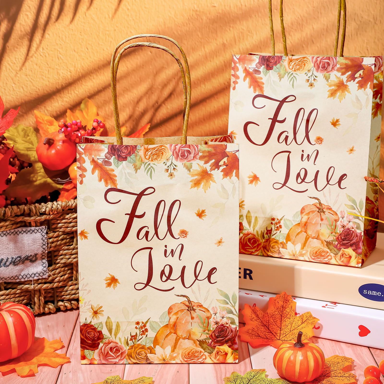 JarThenaAMCS 24Pcs Fall in Love Gift Bags with Handles Autumn Wedding Treat Bags Retro Pumpkin Maple Leaf Kraft Candy Bags for Thanksgiving Bridal Shower Party Favors