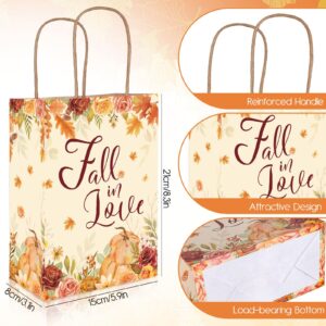 JarThenaAMCS 24Pcs Fall in Love Gift Bags with Handles Autumn Wedding Treat Bags Retro Pumpkin Maple Leaf Kraft Candy Bags for Thanksgiving Bridal Shower Party Favors