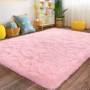 pink area rug for bedroom girls, 5x7 fluffy soft plush shag rug for living room, pink cute princess fuzzy carpet for nursery toddler kids & dorms, non-slip indoor floor rugs for room decor