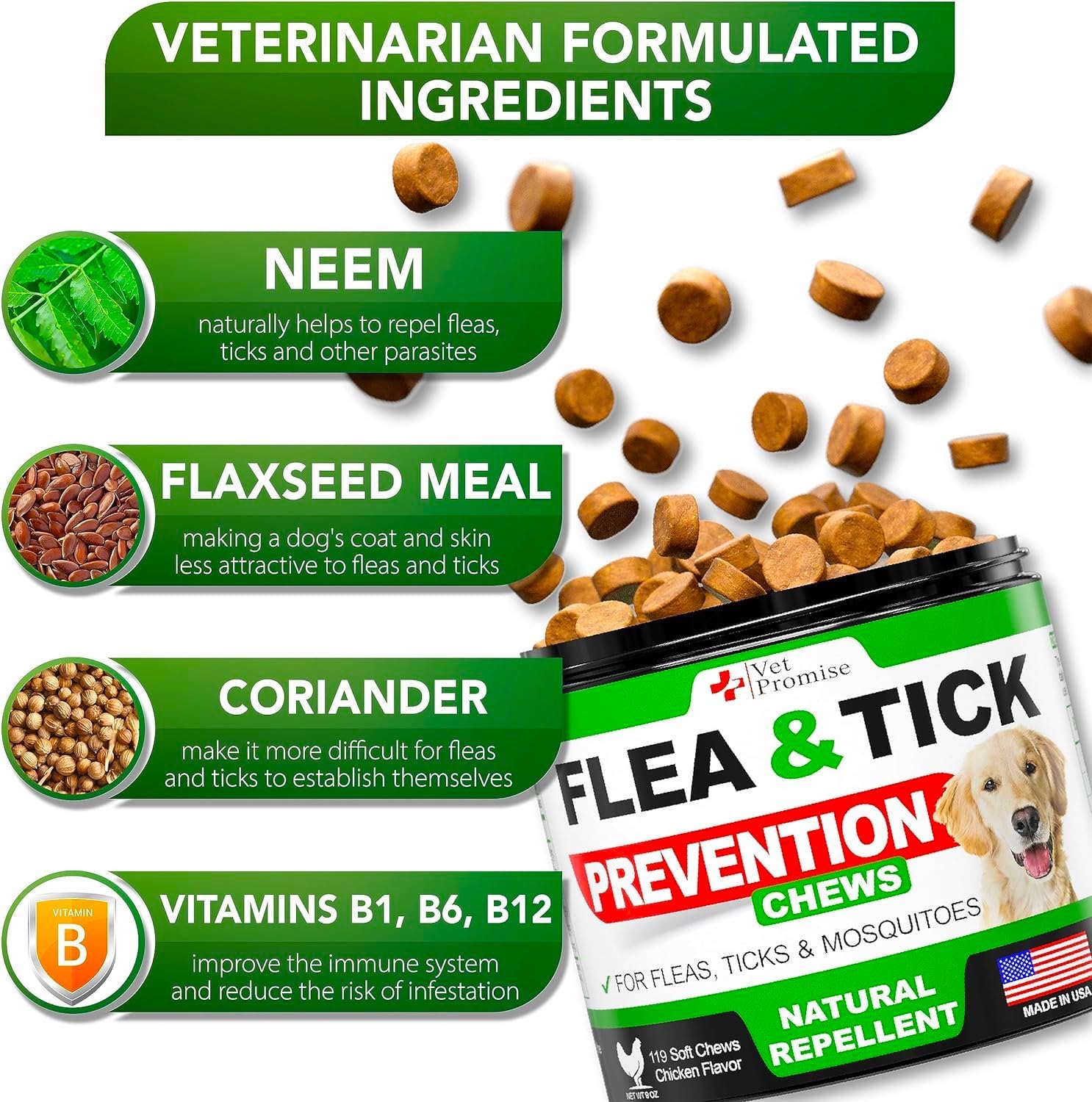 Flea and Tick Prevention for Dogs Chewables - Natural Dog Flea and Tick Treatment - Flea and Tick Chews for Dogs - Oral Flea Pills for Dogs Supplement - All Breeds and Ages - Made in USA