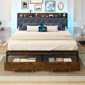 queen size metal platform bed frame with 2 storage drawers & led light, upholstered headboard with charging station, no box spring needed, brown wood panel