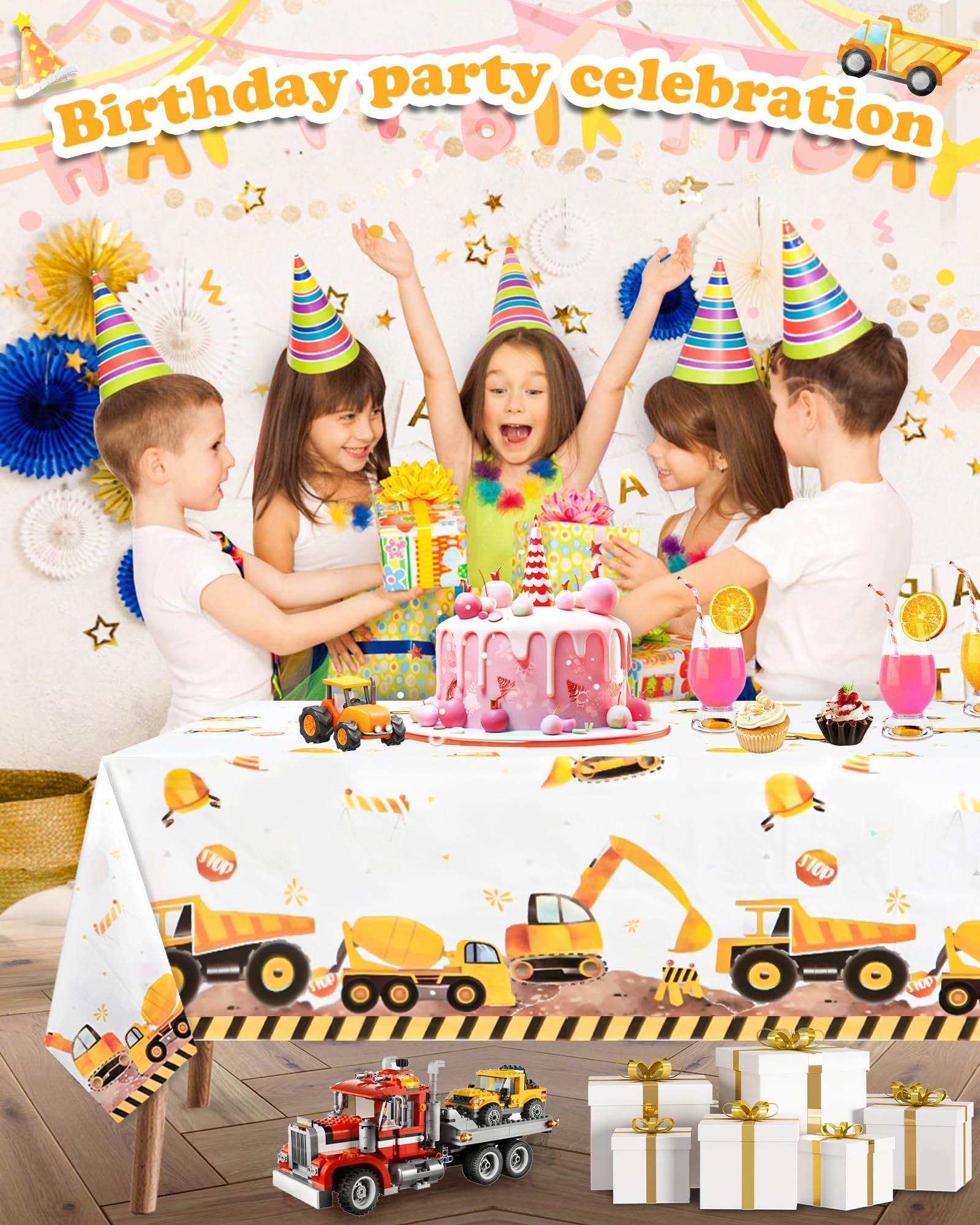 DYLZB 3PCS Truck Plastic Birthday Party Tablecloths,Construction Themed Table Cover for Kids Boy Parties Baby Showers Supplies, 54 x 108inch