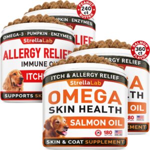 allergy relief 240 ct + omega 3 for dogs - 360 ct dogs bundle - allergy & itch relief skin & coat supplement - omega 3 & pumpkin - dry itchy skin, shedding, hot spots treatment - made in usa