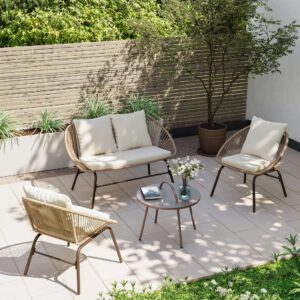 lausaint home 4-piece patio conversation set, breathable bohemian outdoor rope woven furniture set with loveseat and coffee table for backyard, porch, balcony, beige