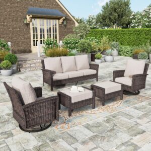 hera's house patio furniture set with high back swivel chairs, 5-piece outdoor wicker furniture conversation set with ottomans for garden yard porch, beige