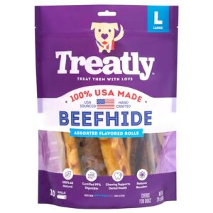 treatly usa beefhide rolls 8-9" dog chew treats - chicken & beef flavor, 10 count/1 pack