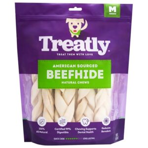 treatly american sourced beefhide braids 6-7" dog chew treats - natural flavor, 16 count/1 pack