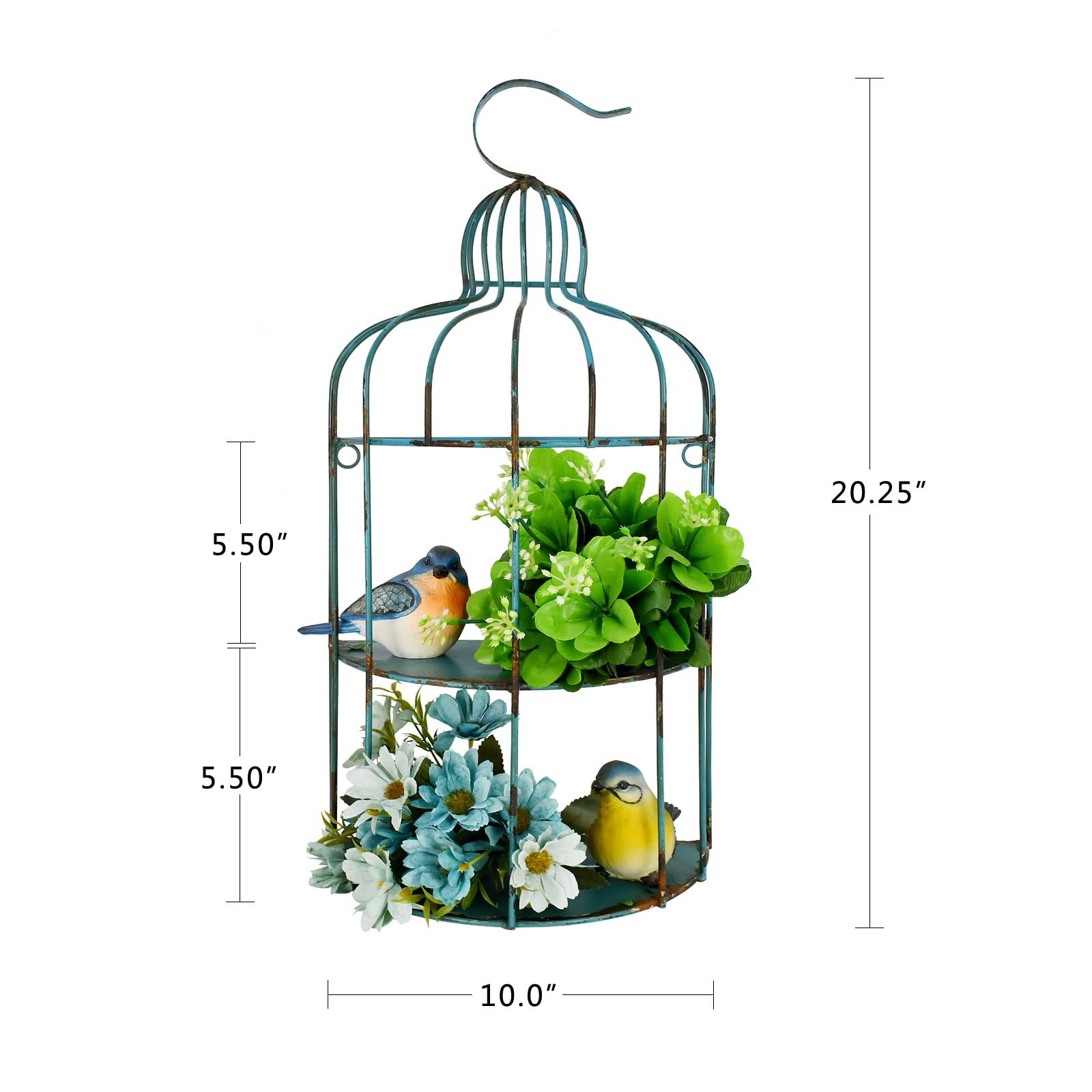 Veclotch Metal Birdcage Hanging Shelf for Wall,Decorative Wall Display Shelves 2 Tiers Distressed Rustic Bird Cage Floating Shelf Indoor Outdoor Decoration, Teal