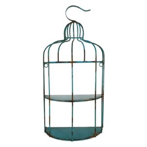 veclotch metal birdcage hanging shelf for wall,decorative wall display shelves 2 tiers distressed rustic bird cage floating shelf indoor outdoor decoration, teal