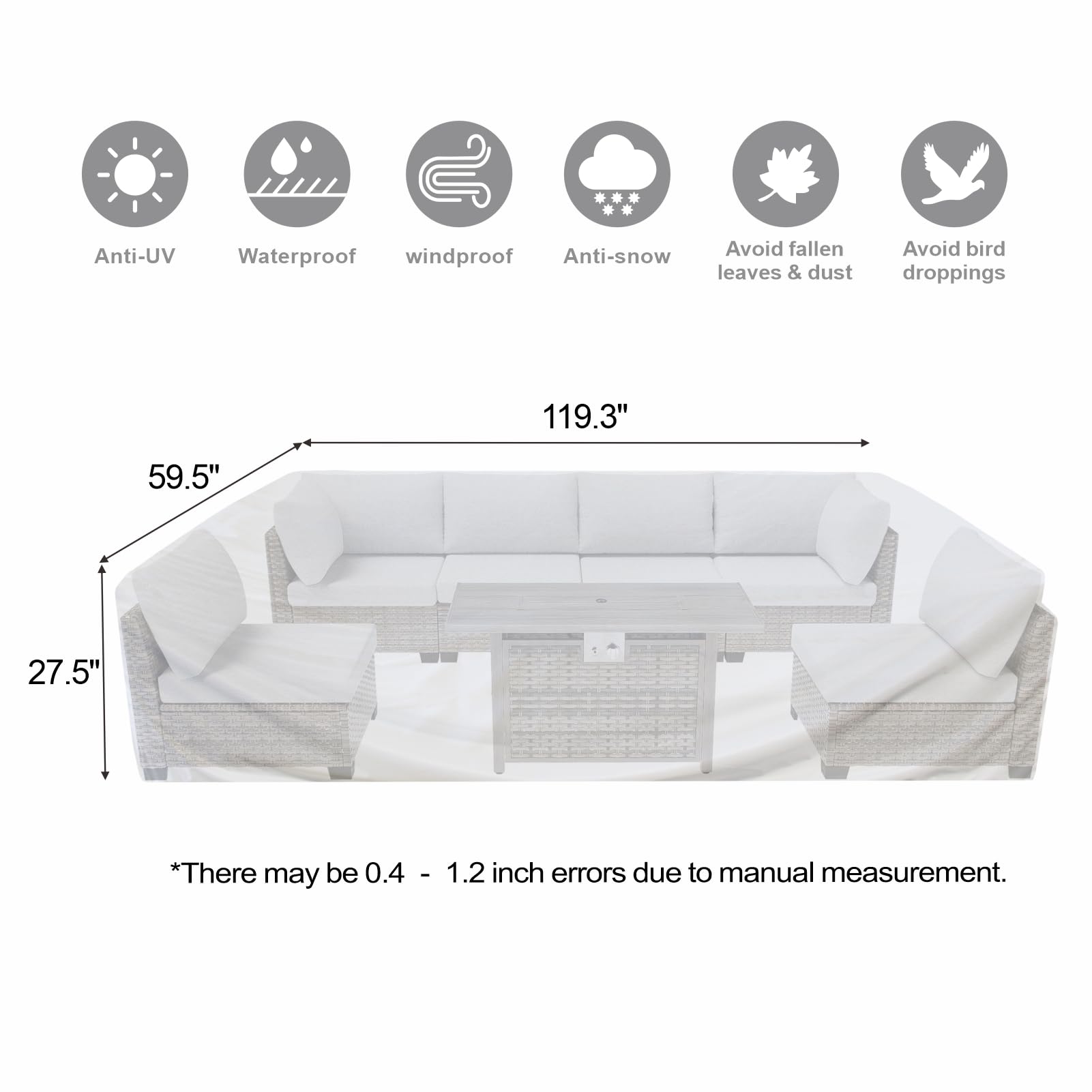 SUNPEAK Patio Furniture Covers Q01 Series Waterproof Outdoor Furniture Covers for Winter Outdoor Rectangle Table and Chair Set Covers, Dust Proof Furniture Protective Cover 119" L x 59.5" W x 27.5" H