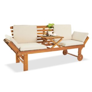 outvita acacia wood patio convertible couch sofa bed w/adjustable armrest & wheels, outdoor daybed w/removable cushions & pillows, folding chaise lounge bench for porch courtyard poolside(white)