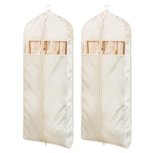 univivi super soft satin garment bags for hanging clothes, 60 inch zippered dress cover with gussets, breathable & non-smell for dresses, coats, jackets, shirts, 2 pack - apricot