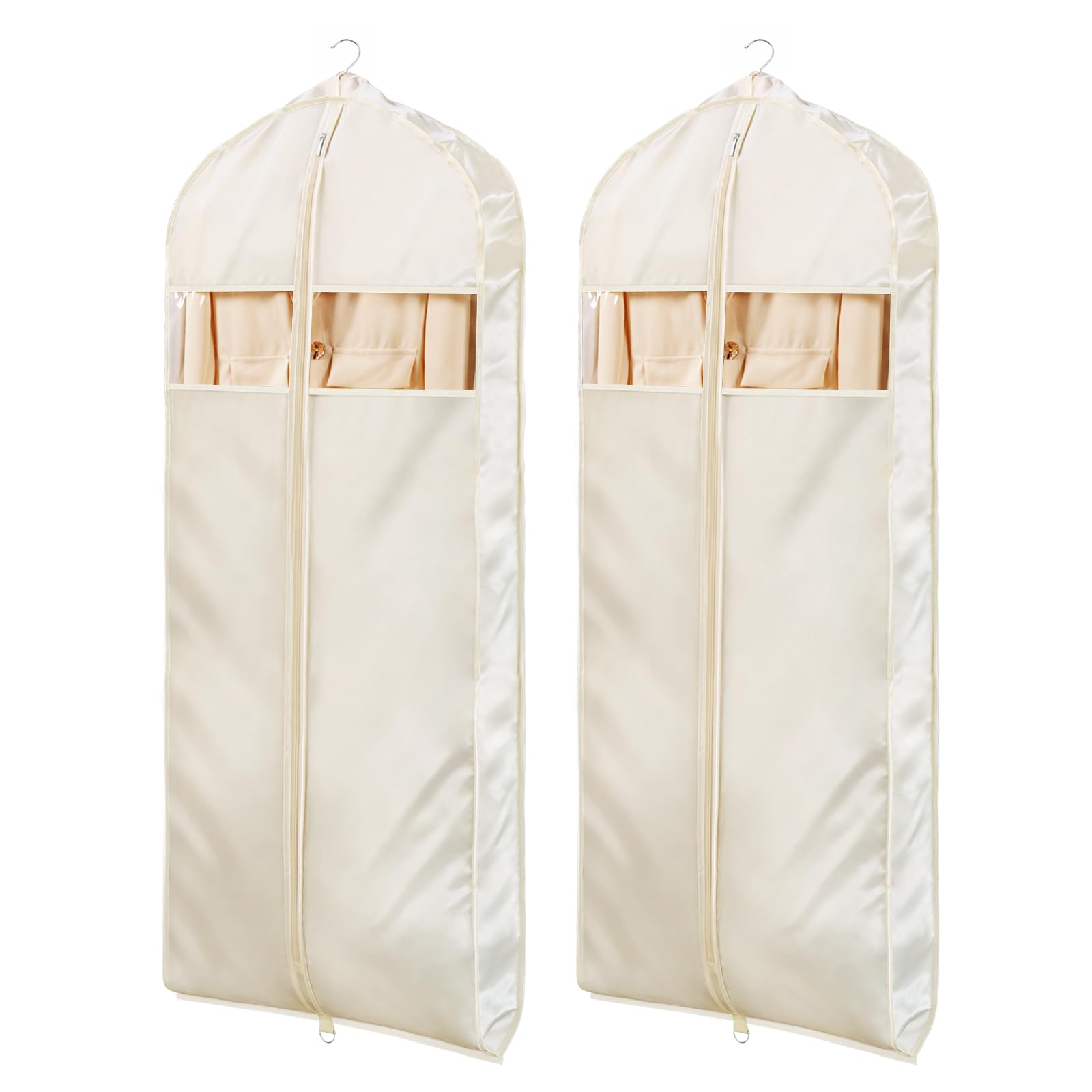 Univivi Super Soft Satin Garment Bags for Hanging Clothes, 60 Inch Zippered Dress Cover with Gussets, Breathable & Non-smell for Dresses, Coats, Jackets, Shirts, 2 Pack - Apricot