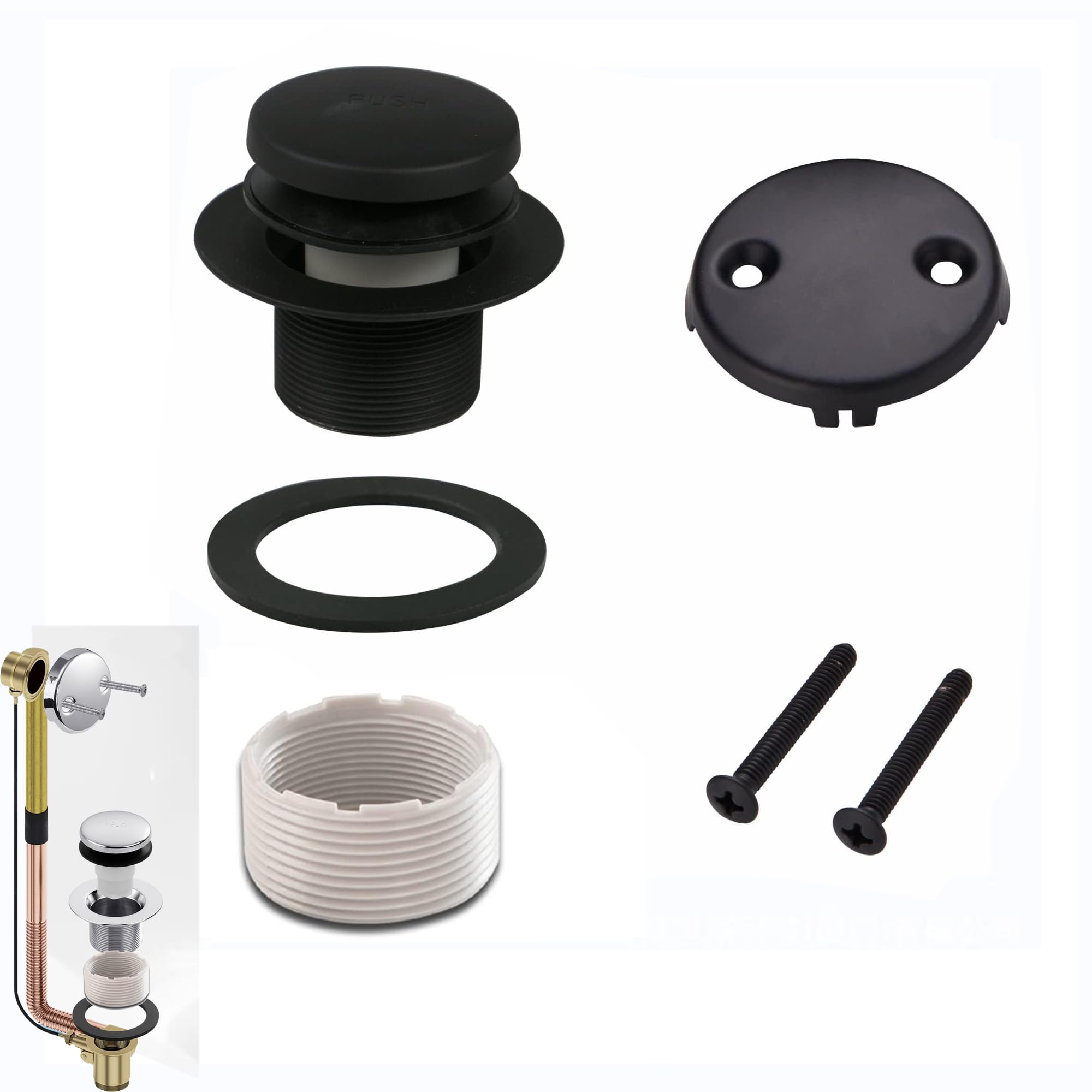 QLXAQLX Tip Toe Bathtub Drain Trim Kit,Two Hole Overflow Plate With Two Matching Screws,Replacement Bath Drain Trim Kit And Universal Fine/Coarse Thread Easy To Install(Matte Black)