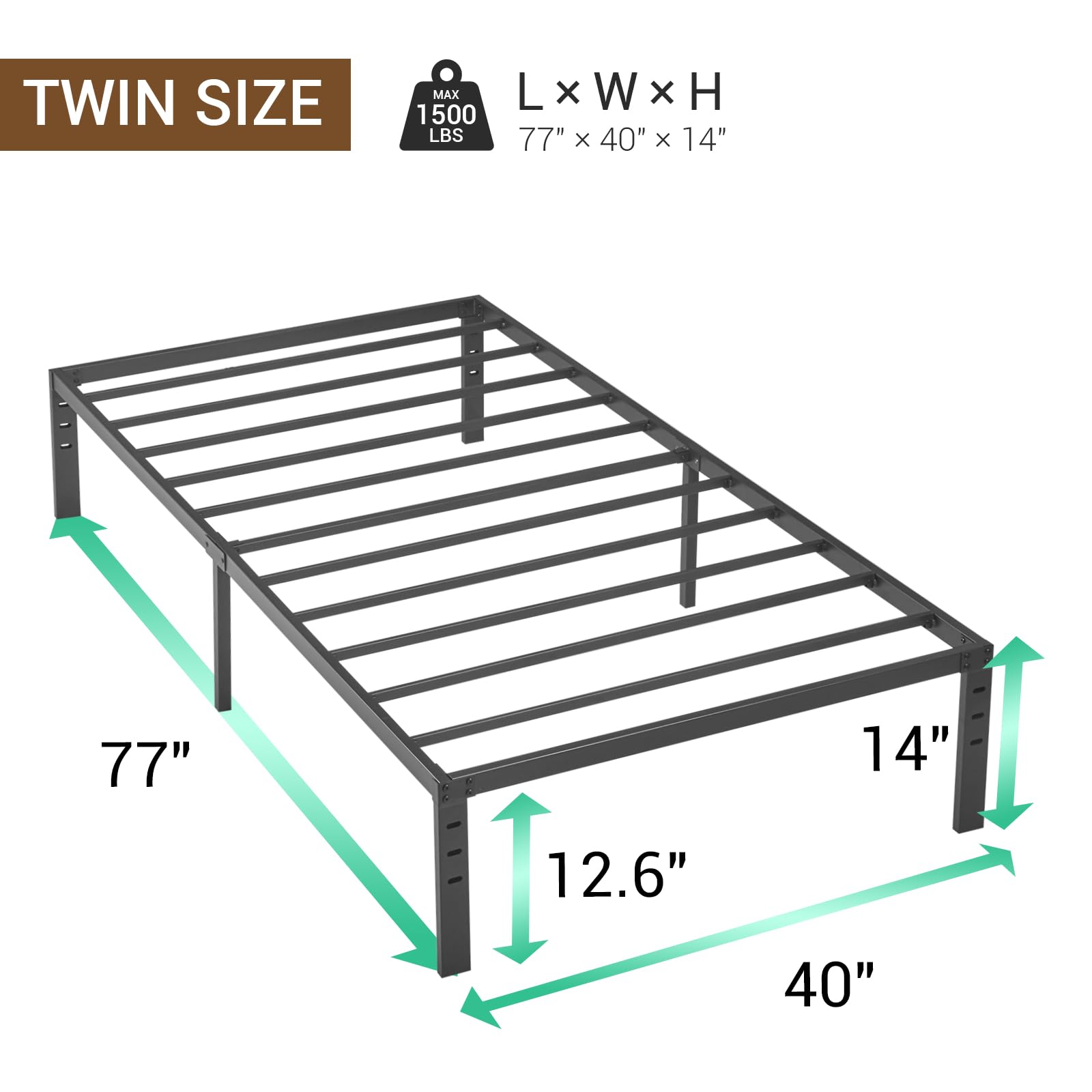 fusehome Bed Frame Twin Size,14 Inch Metal Platform Bed Frame, Storage Space Under Bed, Mattress Foundation with Heavy Duty Steel Slat Support, No Box Spring Needed Easy Assembly, Black