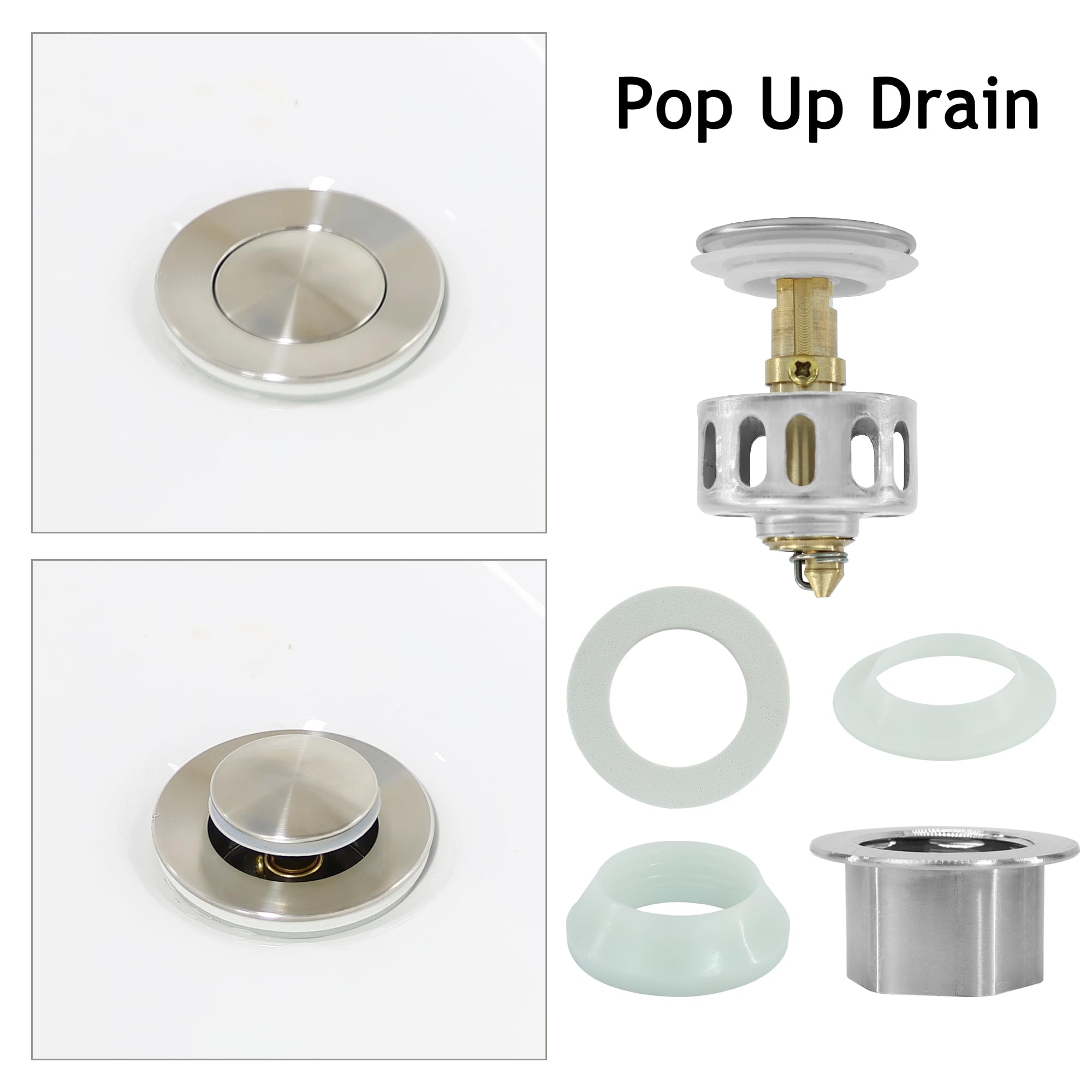 Rackickyer Bathroom Sink Drain,Drain Stopper Bathroom Sink Without Overflow,Small Cap Pop Up Drain Assembly with Detachable Strainer Basket,Built-in Anti-Clogging, Stainless Steel Nut Brushed Nickel