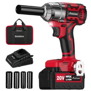 avid power 1/2 impact wrench brushless, 20v cordless impact gun w/ 3 variable speeds, max torque 370ft-lbs (500n.m), 3.0ah li-ion battery, 4pcs impact sockets, fast charger