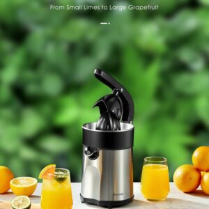 Electric Citrus Juicer Squeezer, Orange Juicer with Two Interchangeable Cones, Suitable for orange, lemon and Grapefruit, Brushed Stainless Steel, Easy to Clean and Use (Black+Silver)