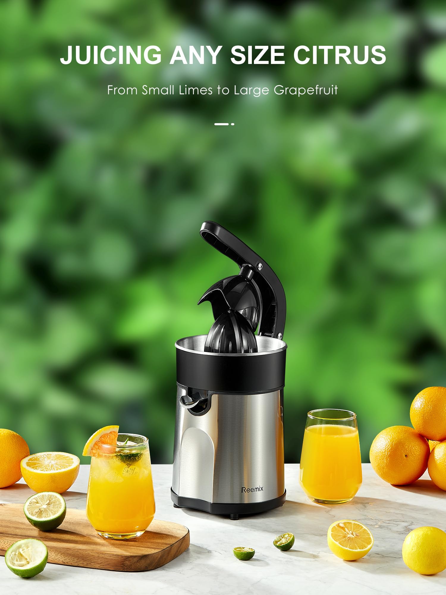 Electric Citrus Juicer Squeezer, Orange Juicer with Two Interchangeable Cones, Suitable for orange, lemon and Grapefruit, Brushed Stainless Steel, Easy to Clean and Use (Black+Silver)