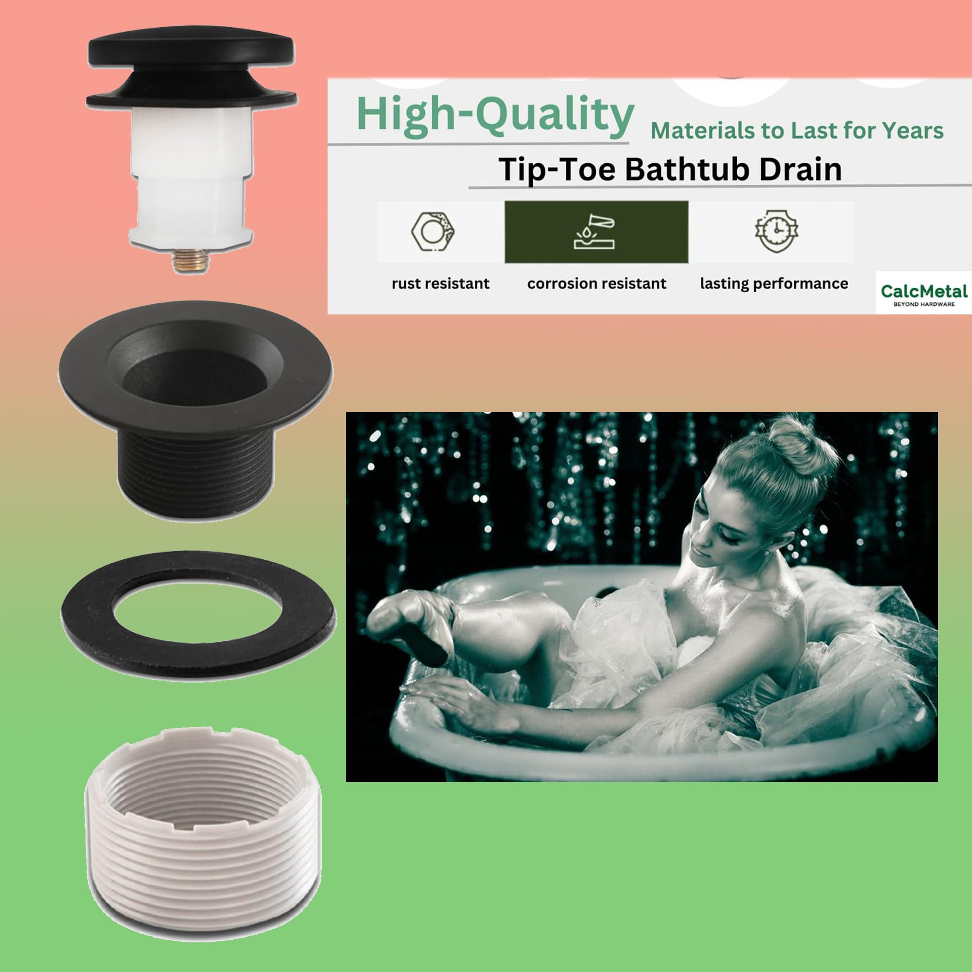 QLXAQLX Tip Toe Bathtub Drain Trim Kit,Two Hole Overflow Plate With Two Matching Screws,Replacement Bath Drain Trim Kit And Universal Fine/Coarse Thread Easy To Install(Matte Black)