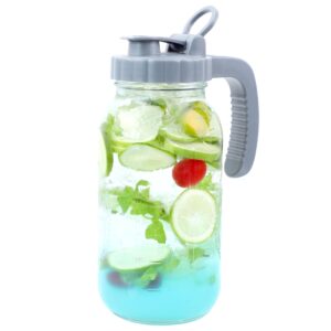 Mason Jar Pitcher 64 OZ Glass Pitcher With Pour Spout Lids Airtight Leak Proof 2 Quart Wide Mouth Water Pitcher With Handle And Flip Cap For Iced Tea, Milk, Sun Tea, Lemonade,Juice, Iced Coffee