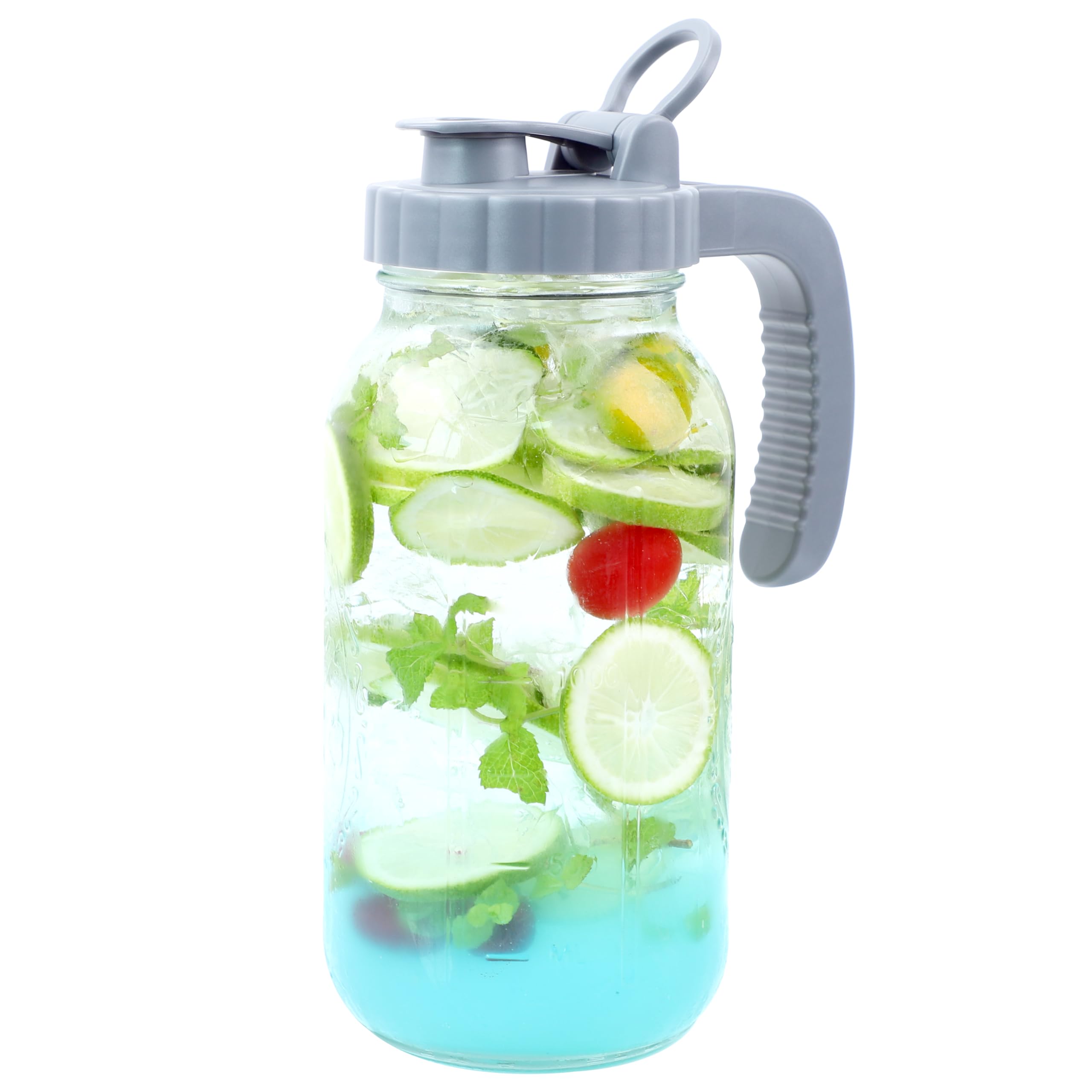 Mason Jar Pitcher 64 OZ Glass Pitcher With Pour Spout Lids Airtight Leak Proof 2 Quart Wide Mouth Water Pitcher With Handle And Flip Cap For Iced Tea, Milk, Sun Tea, Lemonade,Juice, Iced Coffee