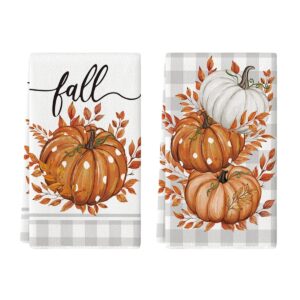 artoid mode orange buffalo plaid leaves pumpkin fall kitchen towels dish towels, 18x26 inch farmhouse decoration hand towels set of 2