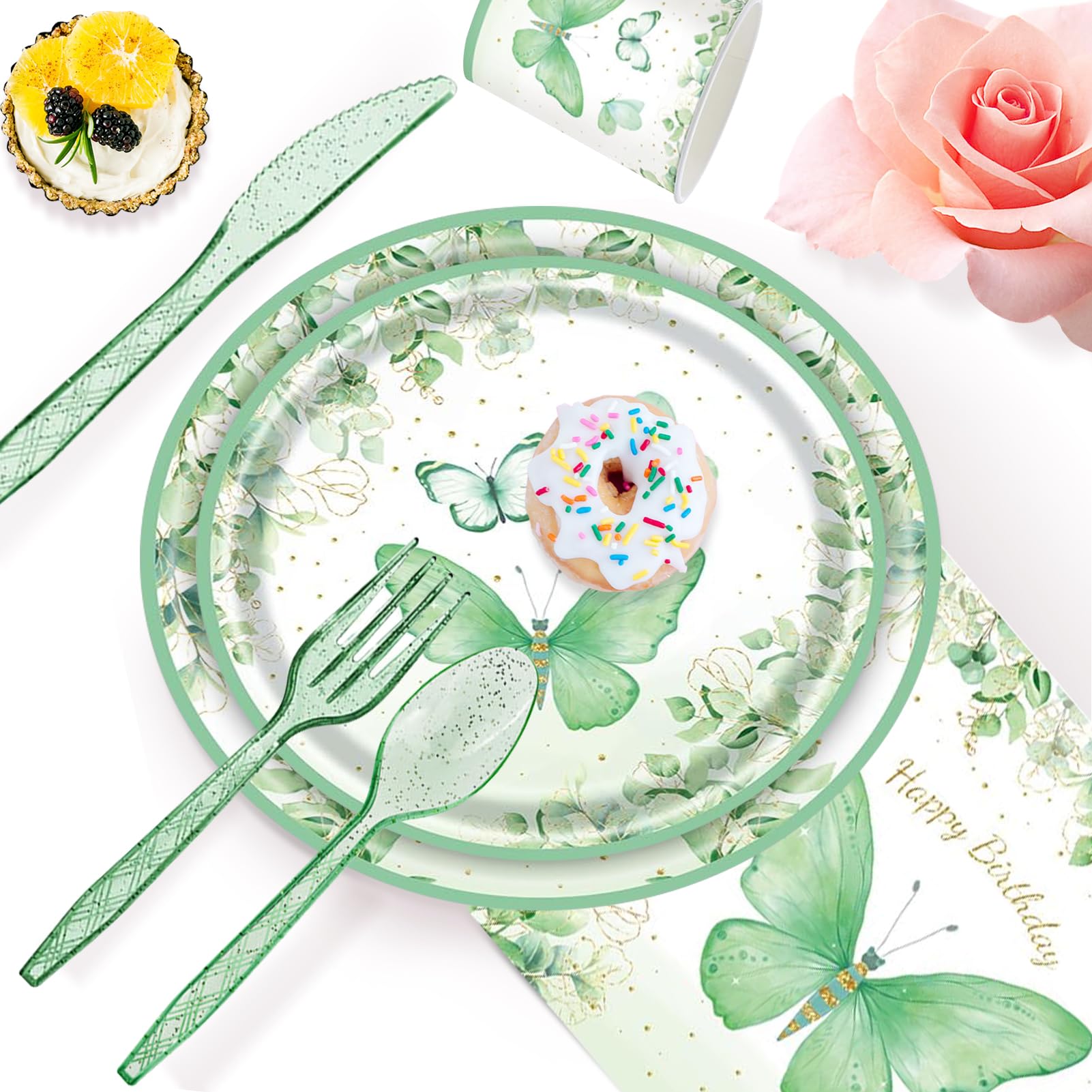 AWLZJZQA 168 Pcs Butterfly Plates and Napkins Party Supplies Serve 24 Guests Sage Green Birthday Plates Disposable Tea Party Decorations Happy Birthday Paper Plates Cups Flower Decor Spring for Women