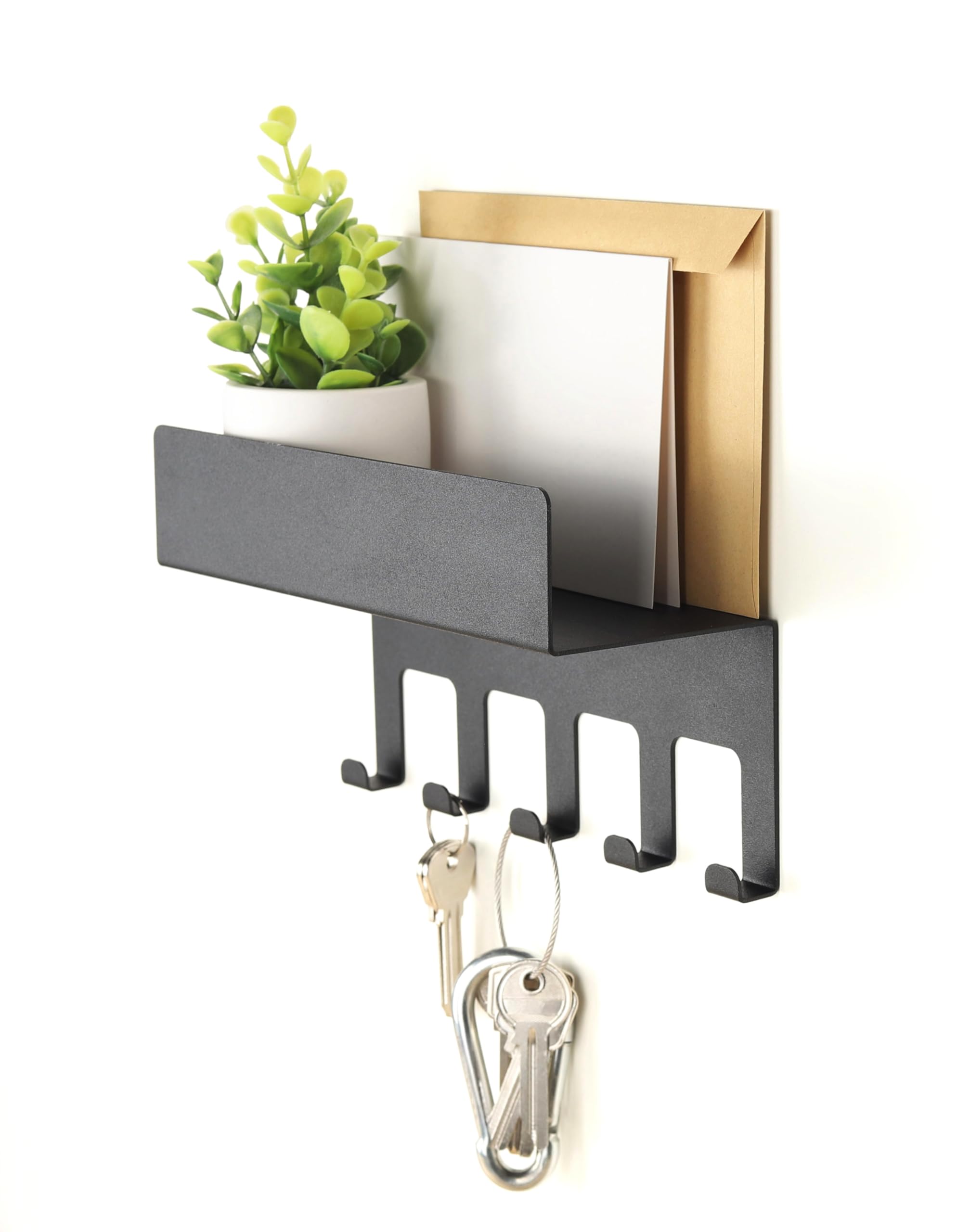 Black Metal Key Holder Wall Mount with Mail Holder - Key Holder for Wall, Key Rack, Mail Organizer Wall Mounted, Command Shelf, Key Organizer, Key Hanger, Key and Mail Holder for Wall