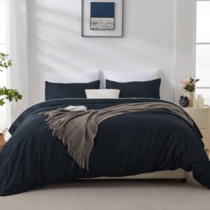 linenline duvet cover queen size, rayon derived from bamboo, cooling & soft queen duvet cover set, 1 zipper closure duvet cover 90"x90" & 2 pillow shams, comforter not included, black