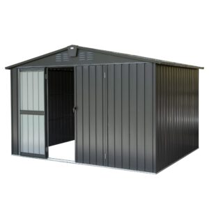 kooyaa 10x8ft outdoor storage shed, with sloping roof galvanized, latches and lockable door, steel frame garden shed metal utility tool storage room for balcony