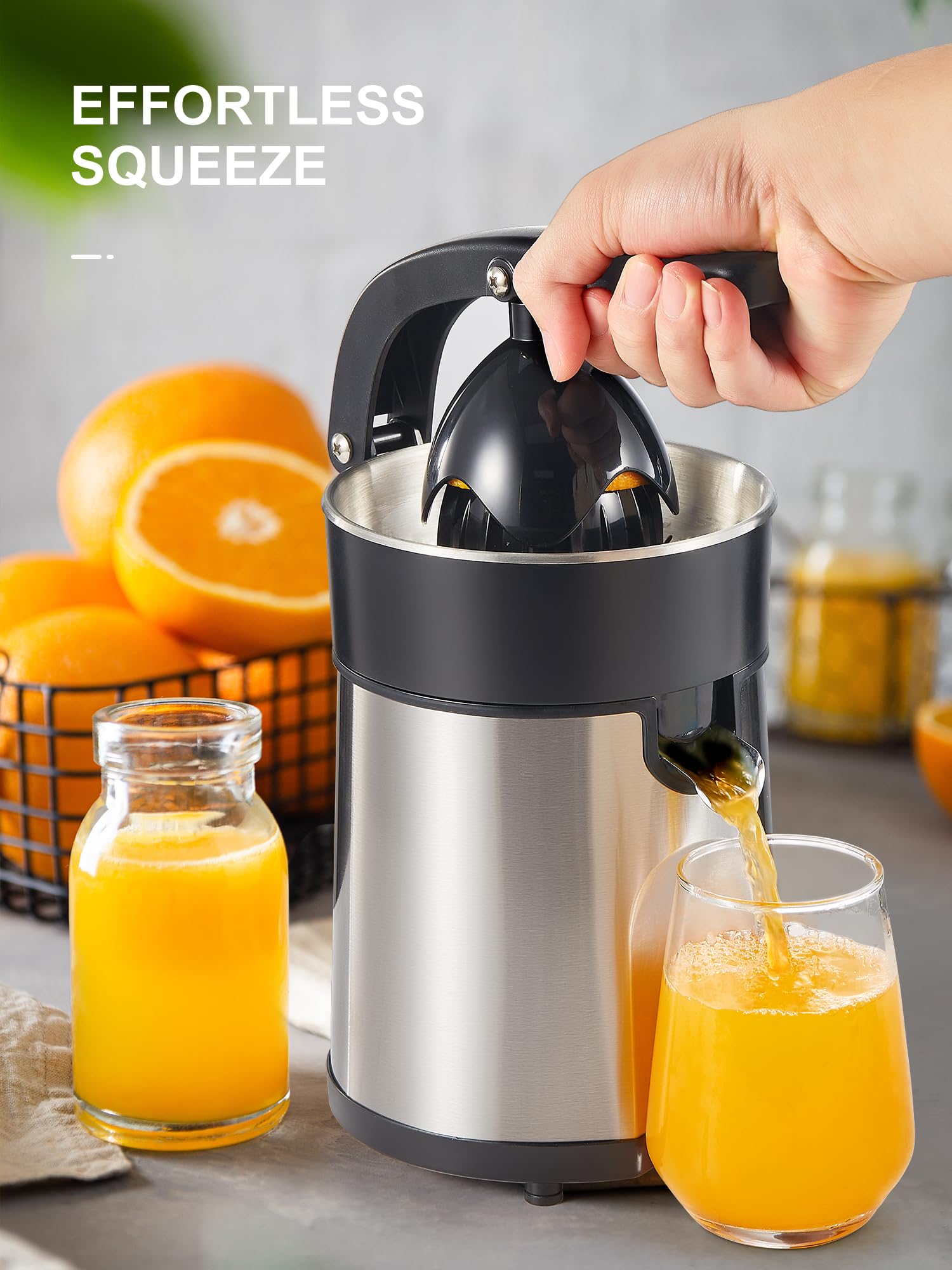 Electric Citrus Juicer Squeezer, Orange Juicer with Two Interchangeable Cones, Suitable for orange, lemon and Grapefruit, Brushed Stainless Steel, Easy to Clean and Use (Black+Silver)