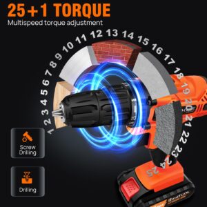 21V Cordless Drill, Electric Power Drill Set with Battery & Charger, 3/8” Keyless Chuck, 2 Variable Speeds, 398 In-lb Torque and 25+1 Position and 29pcs Drill/Driver Bits & LED Electric Drill Set