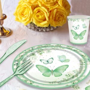 AWLZJZQA 168 Pcs Butterfly Plates and Napkins Party Supplies Serve 24 Guests Sage Green Birthday Plates Disposable Tea Party Decorations Happy Birthday Paper Plates Cups Flower Decor Spring for Women