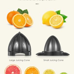 Electric Citrus Juicer Squeezer, Orange Juicer with Two Interchangeable Cones, Suitable for orange, lemon and Grapefruit, Brushed Stainless Steel, Easy to Clean and Use (Black+Silver)