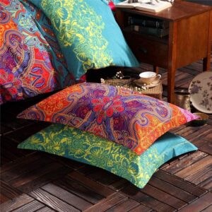 CottonLife Boho Queen Duvet Cover Soft Cotton 3 Pieces Boho Bedding Sets Queen Boho Exotic Colorful Chic Style Teal Orange Bohemian Retro Print Duvet Cover Queen, with Zipper Closure (NO Comforter)