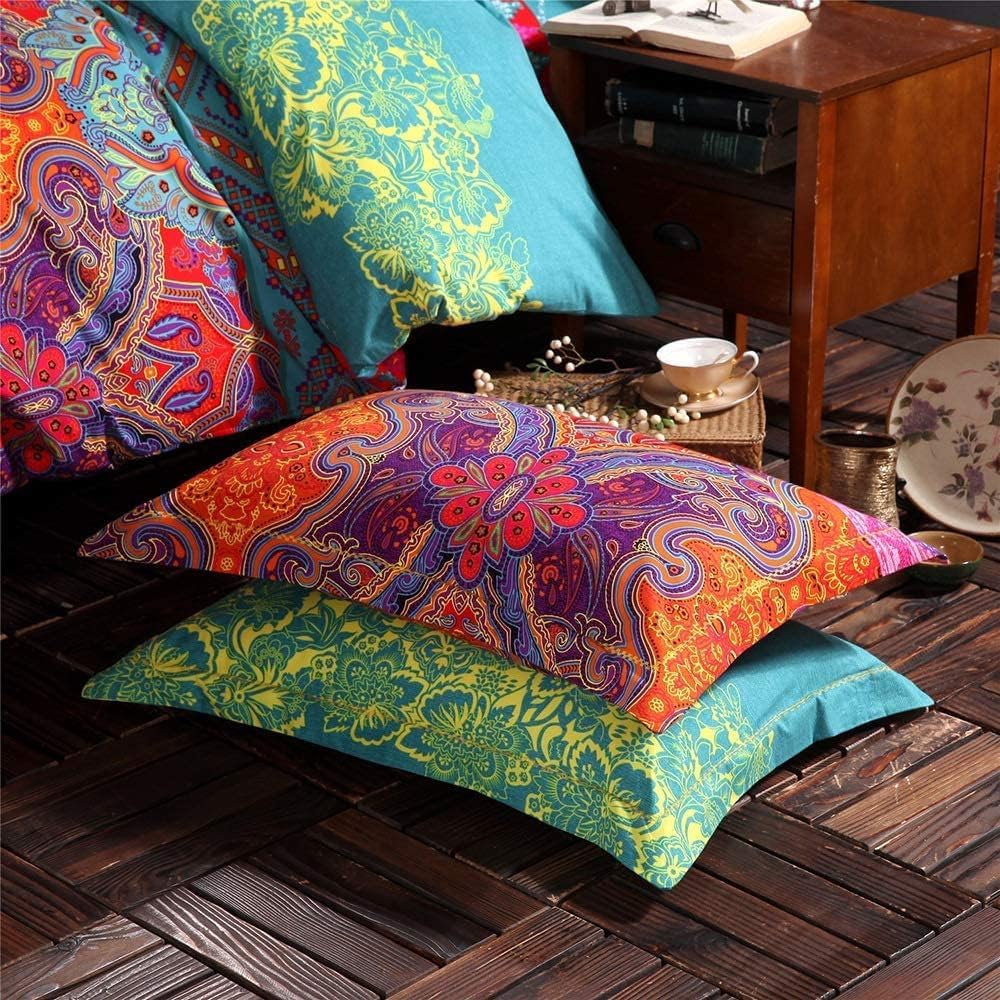 CottonLife Boho Queen Duvet Cover Soft Cotton 3 Pieces Boho Bedding Sets Queen Boho Exotic Colorful Chic Style Teal Orange Bohemian Retro Print Duvet Cover Queen, with Zipper Closure (NO Comforter)