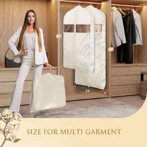 Univivi Super Soft Satin Garment Bags for Hanging Clothes, 60 Inch Zippered Dress Cover with Gussets, Breathable & Non-smell for Dresses, Coats, Jackets, Shirts, 2 Pack - Apricot