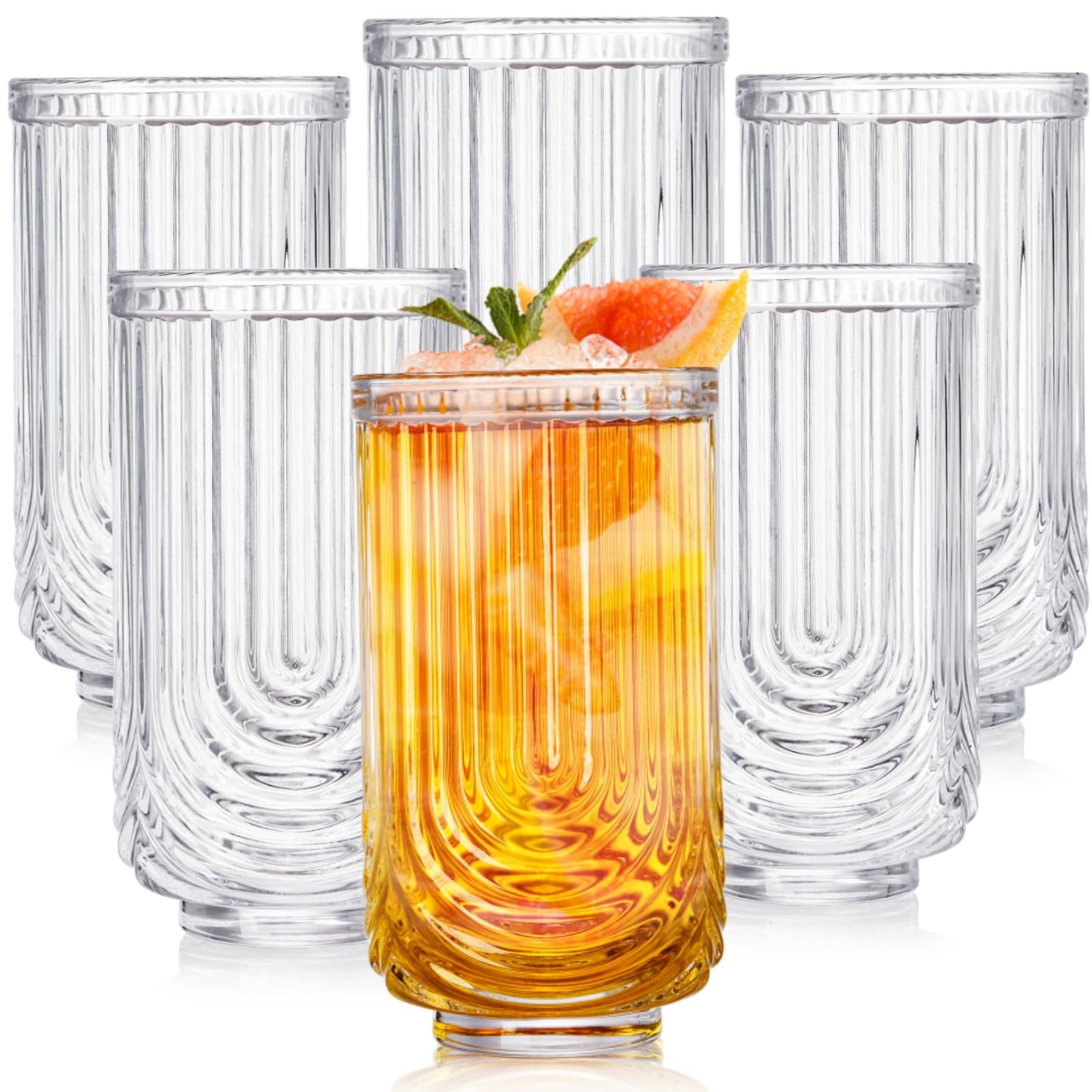 Tlence 6 Pack Highball Cocktail Drinking Glass, 14 OZ Clear Vintage Glassware, Embossed Ripple HiBall Glass Tumbler Cup, Water Drinkware Barware for Bar Beverages Mojito Whiskey Coffee Juice