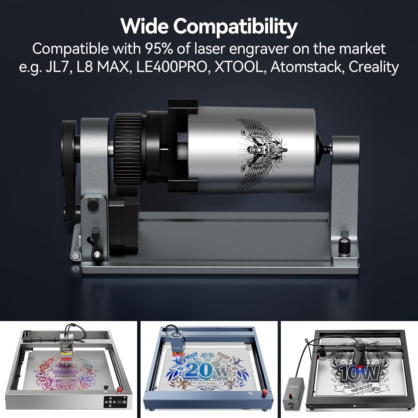 Woxcker ARot8 Rotary Roller, 4 in 1 Multi-Function Chuck Rotary Roller, Adjustable Jaw Chuck Rotary for Engraving Cylindrical Objects, Tumbler, Baseball Bat, Ring, Compatible with Most Engraver